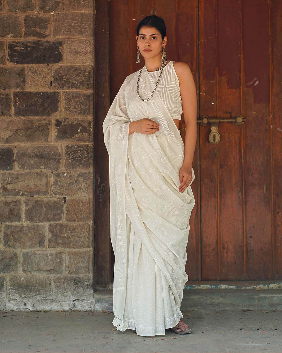 Buy Hushed Rice Ivory Block Printed Saree | Saree | Saree online