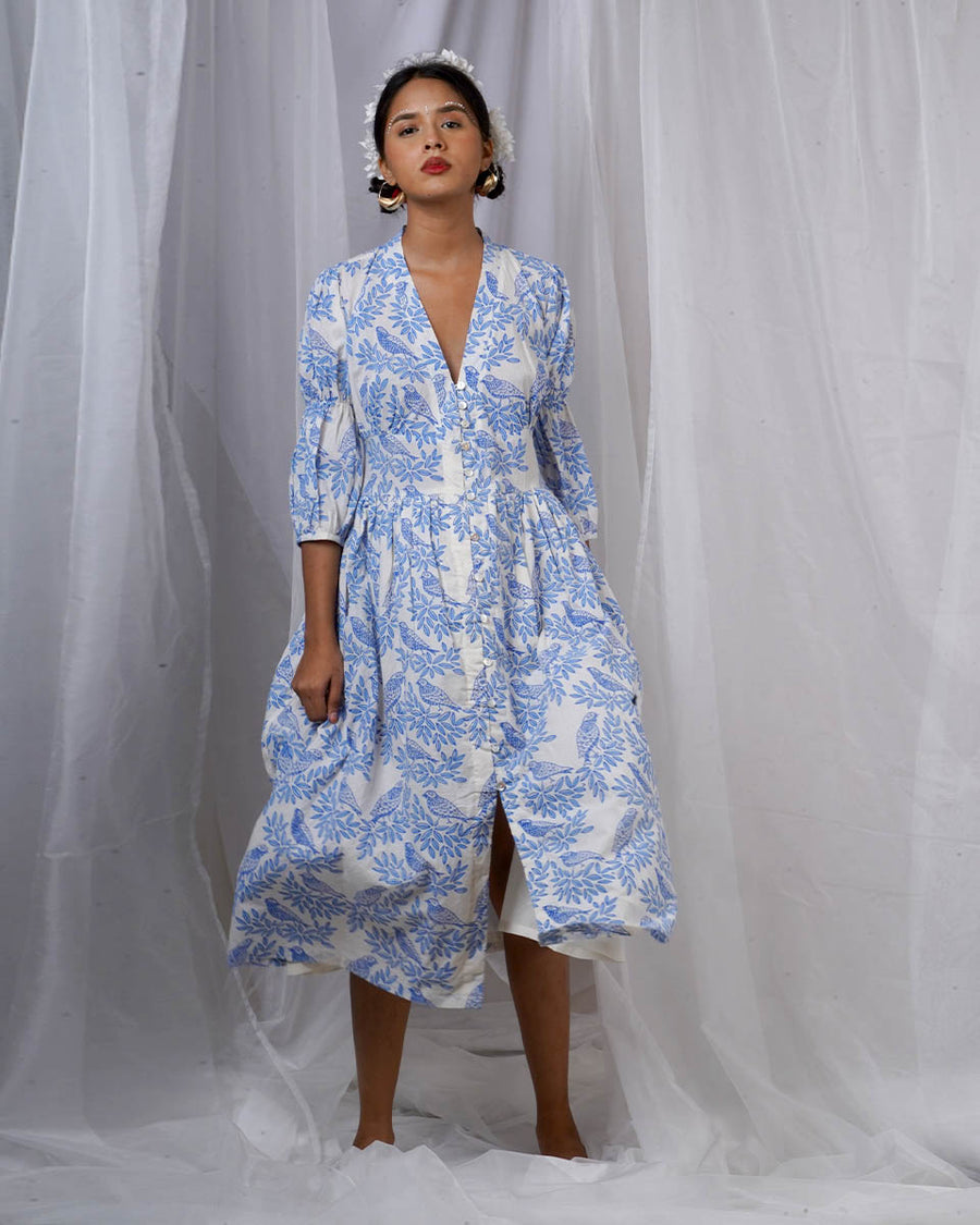 Neyra Ivory Blue Hand Block Printed Dress - BAD | Elegant Ethnic Wear