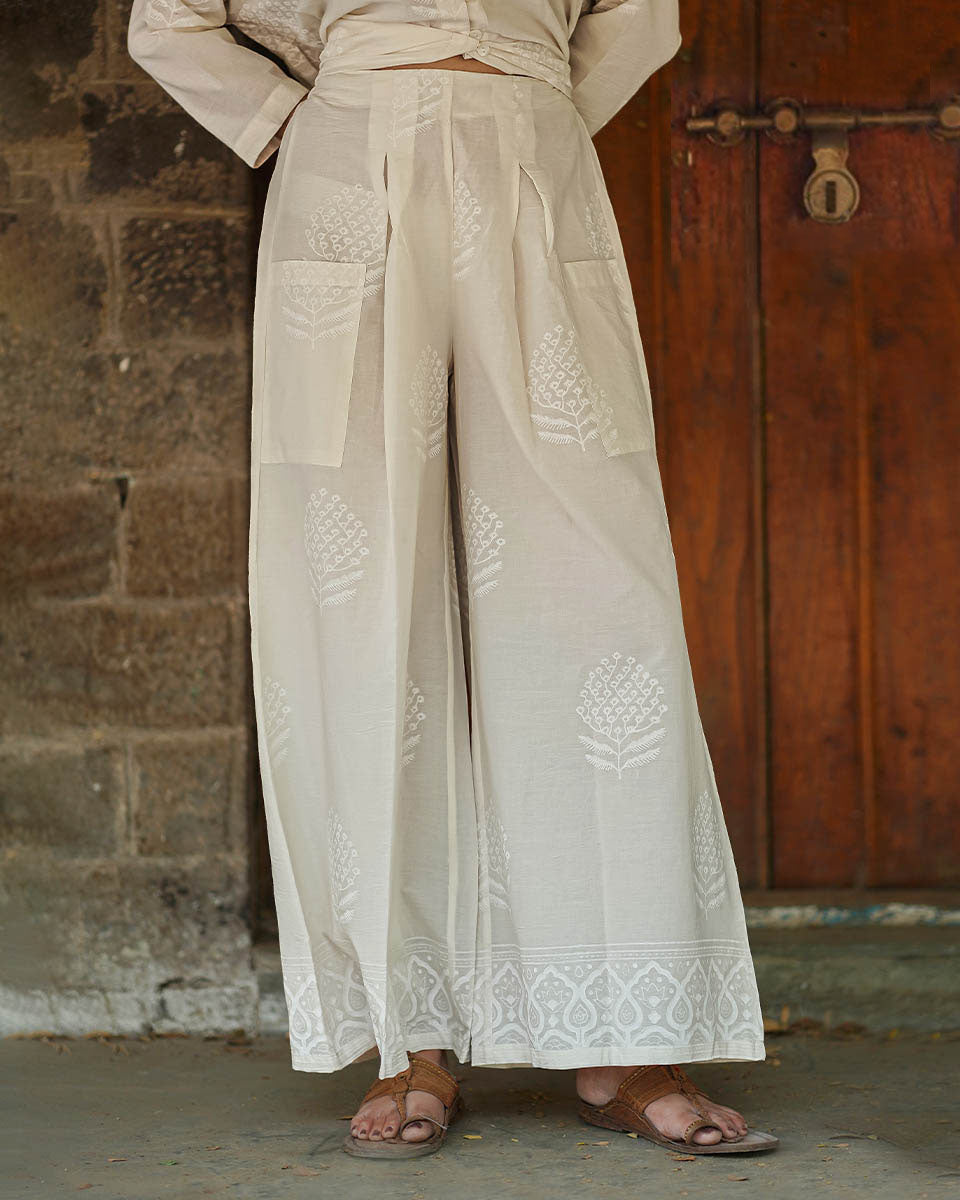 Buy Coconut Frost Ivory Block Printed Pants | Pants for women | Pants