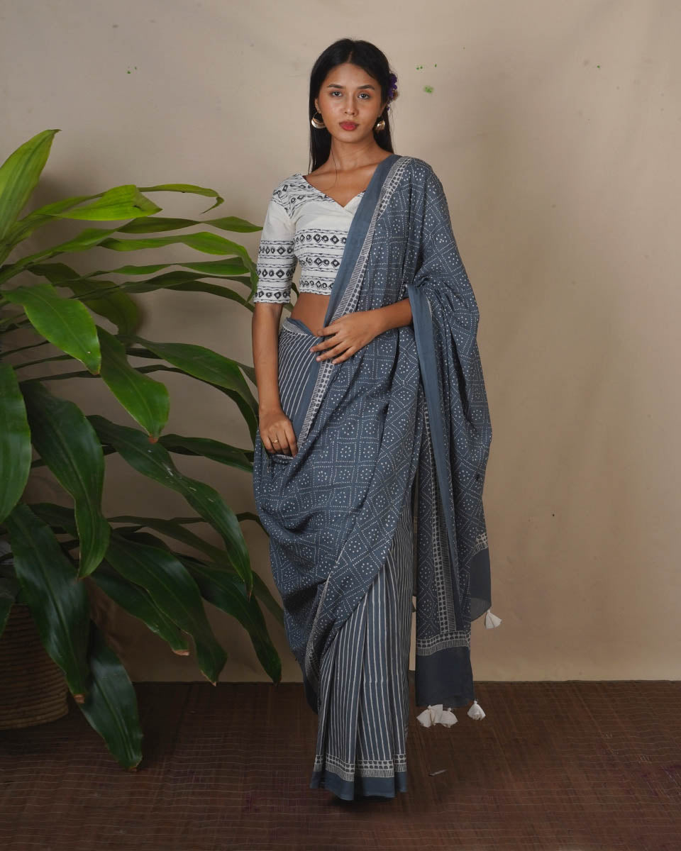 Buy Strom Kiss Grey Printed Saree | Cotton saree online | Saree