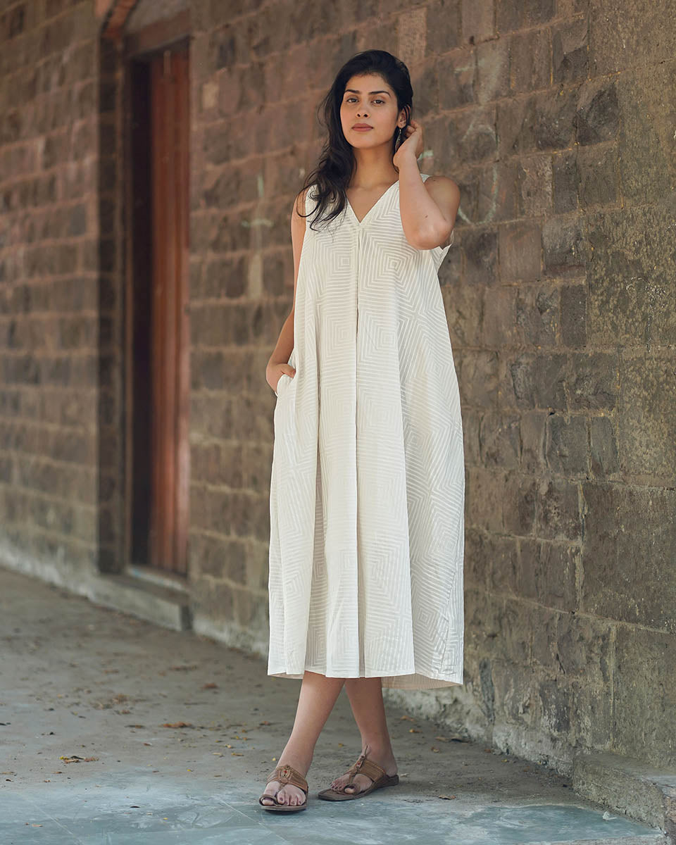 Melted Pearl Ivory Block Printed Cotton Dress for Women | SFD