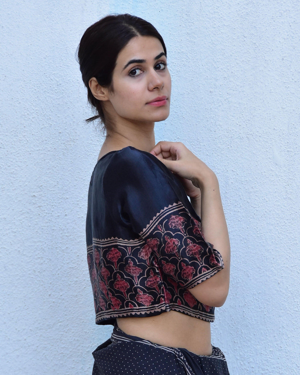 Buy Black Block Printed Blouse in Mashru Silk | Chidiyaa