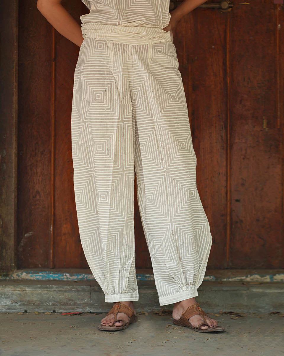 Cream Eclipse Ivory Block Printed Cotton Pants for Women - SFD India
