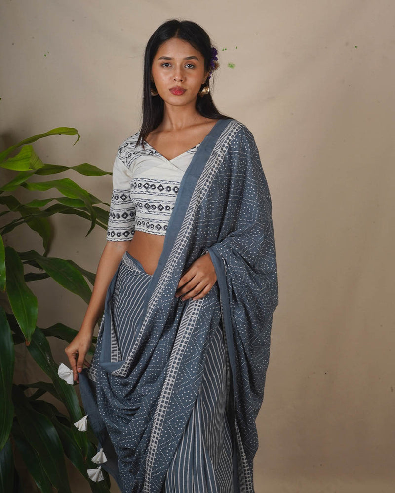 Buy Strom Kiss Grey Printed Saree | Cotton saree online | Saree