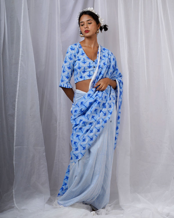 Maya Blue Hand Block Printed Saree - BAD | Elegant Ethnic Wear Online