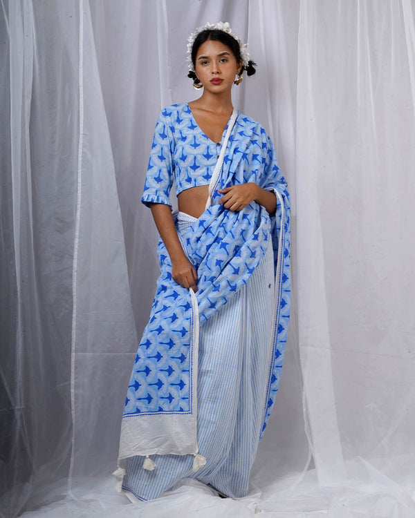 Maya Blue Hand Block Printed Saree - BAD | Elegant Ethnic Wear Online