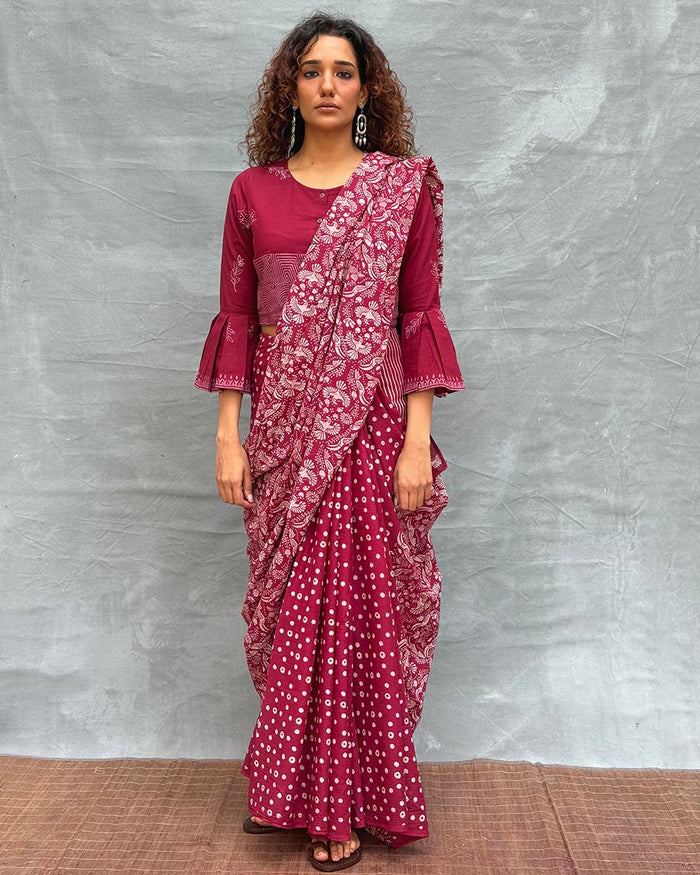Buy Moonlight Blockprinted Cotton Saree | Saree draping | Saree