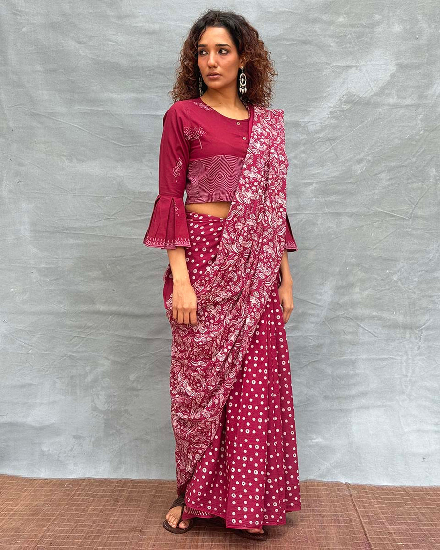 Buy Moonlight Blockprinted Cotton Saree | Saree draping | Saree