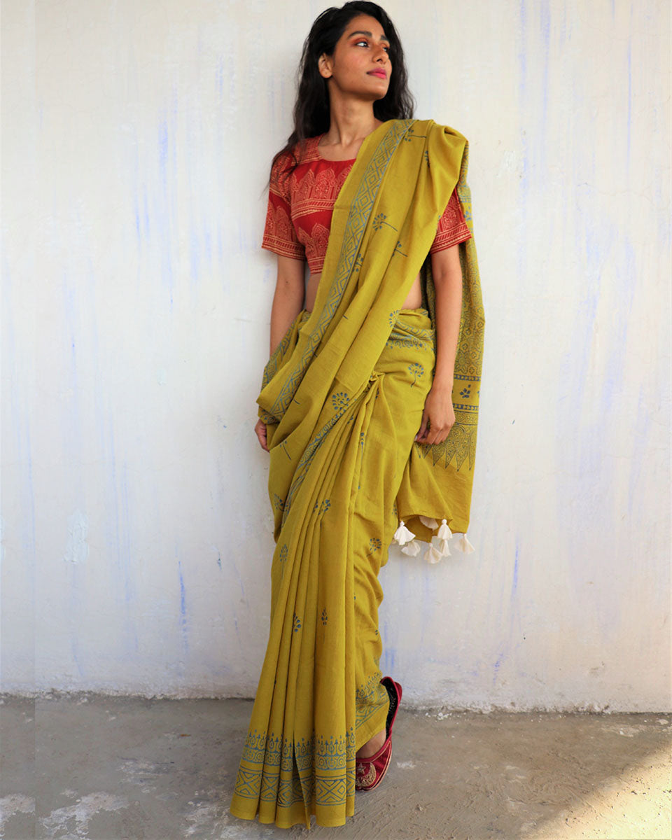 Buy Kimana Yellow Block printed Cotton Saree | Saree | Saree poses