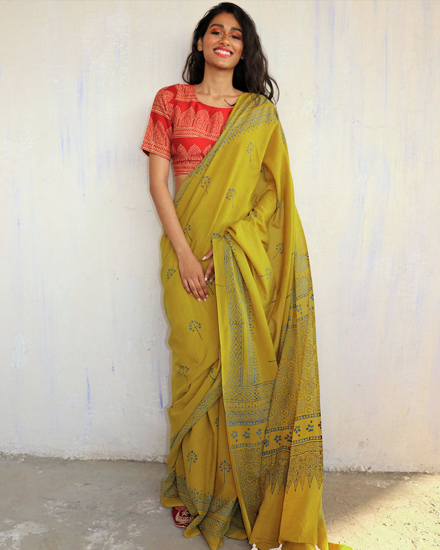 Buy Kimana Yellow Block printed Cotton Saree | Saree | Saree poses