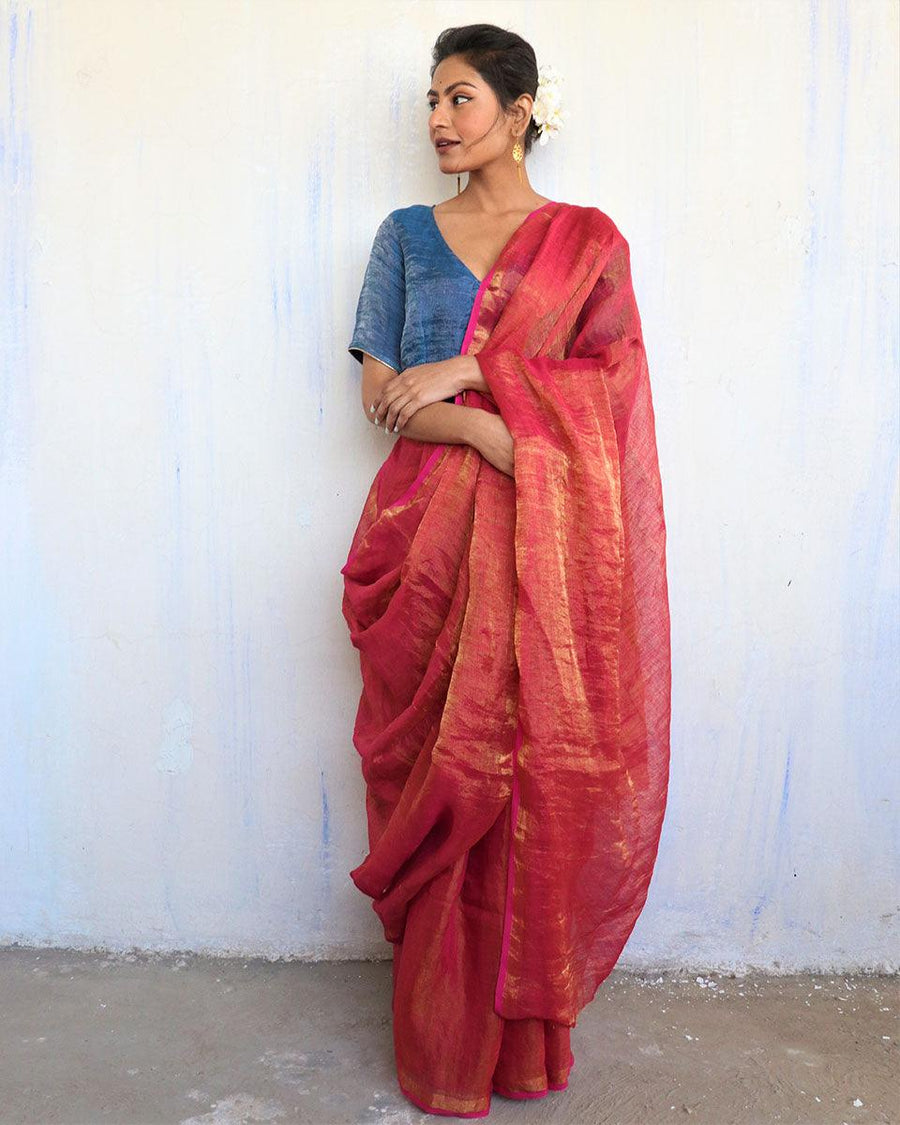 Buy Handwoven and Hand-printed Pure Linen Sarees Online in India