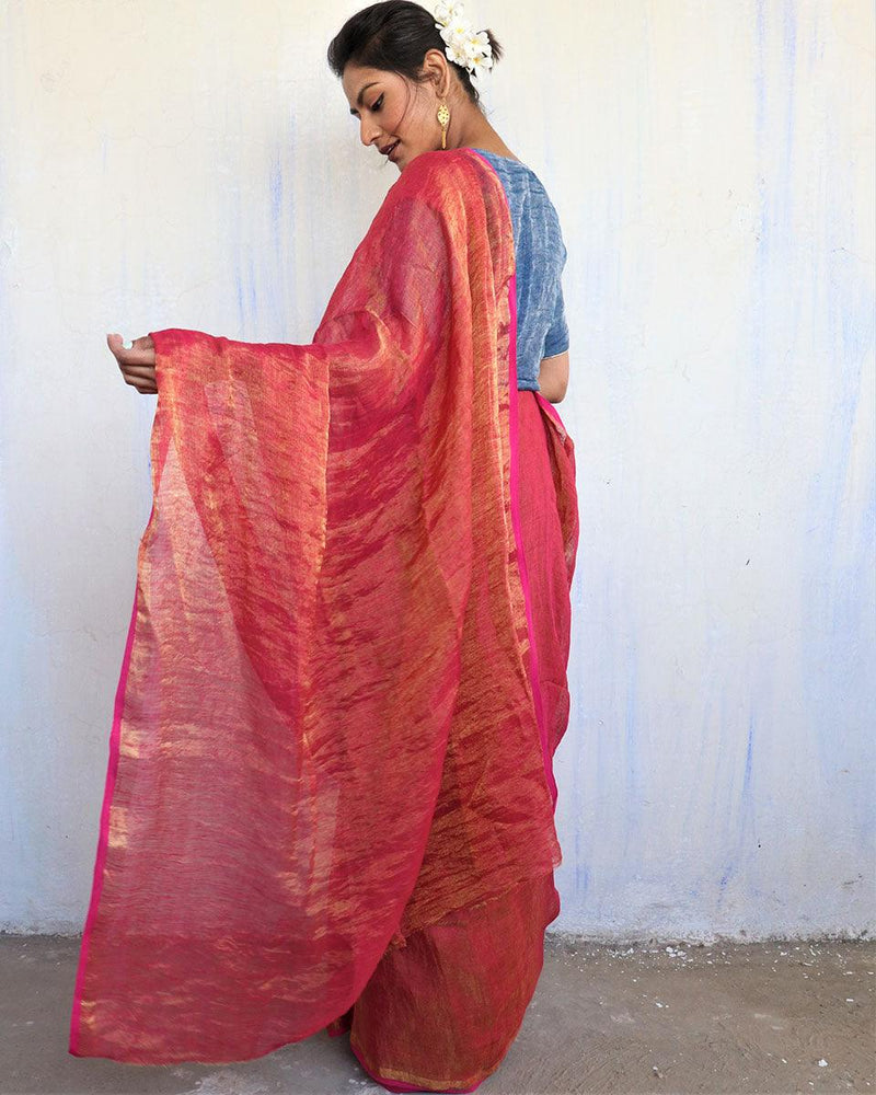 Buy Handwoven and Hand-printed Pure Linen Sarees Online in India
