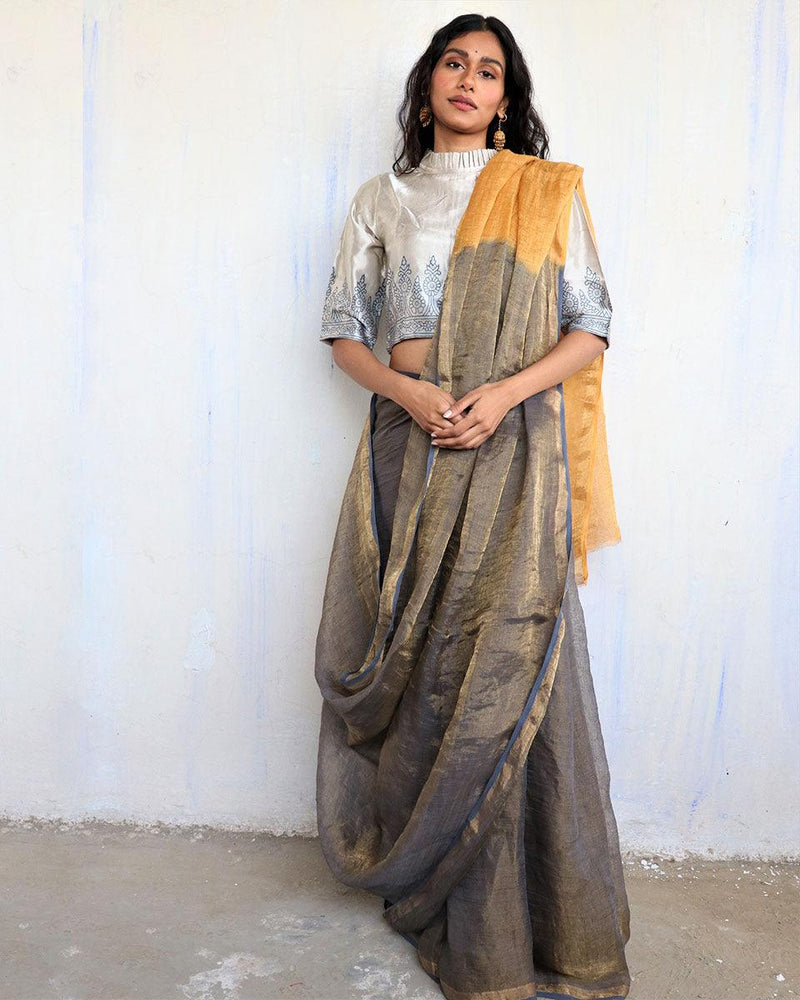 Buy Handwoven and Hand-printed Pure Linen Sarees Online in India