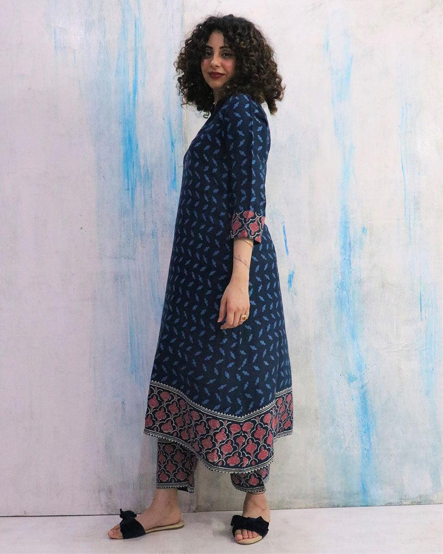 Buy Blue Border Block Print Cotton Kurta Set | Kurti pant set