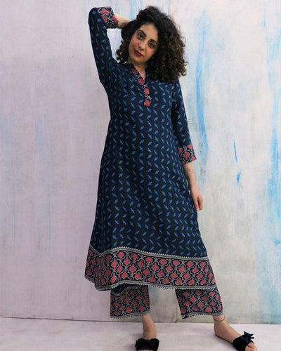Buy Blue Border Block Print Cotton Kurta Set | Kurti pant set