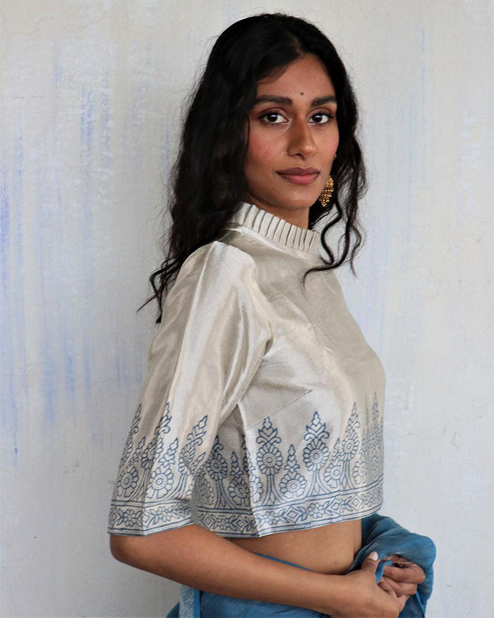 Buy Blue Blockprinted Mashru Silk Blouse | Blouse design