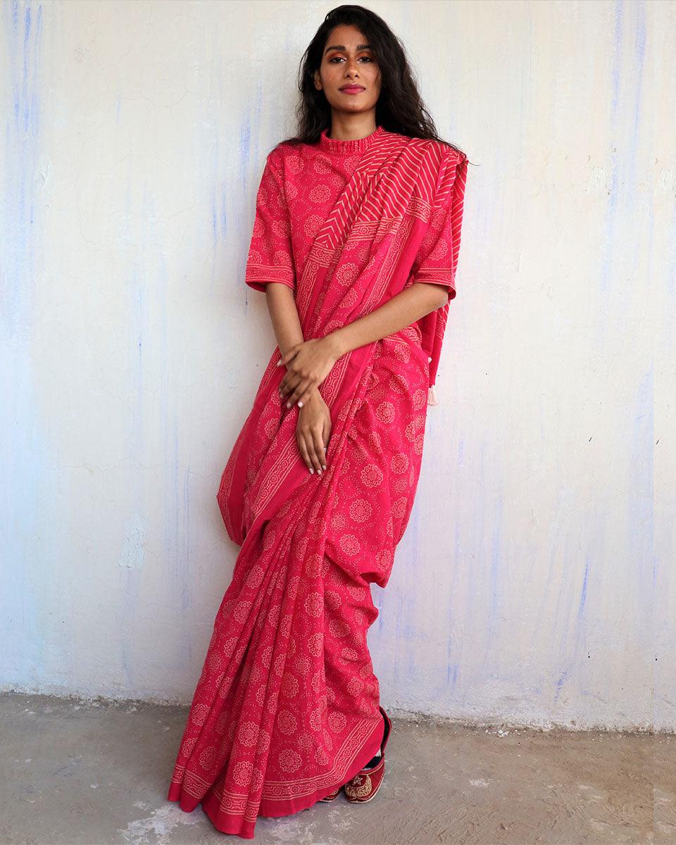 Bira Hand Blockprinted Cotton Saree - Butterfly Girls| Chidiyaa