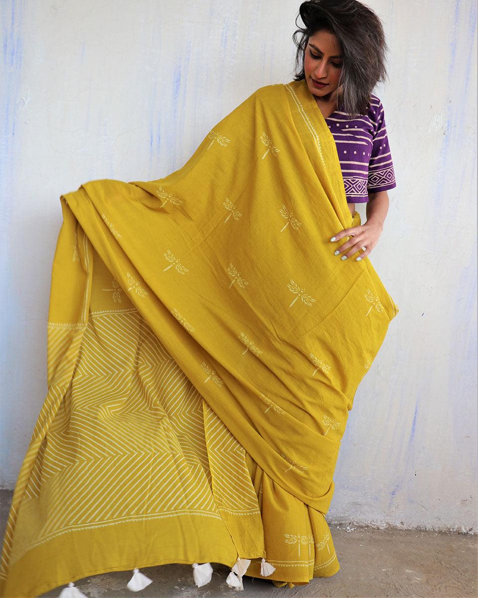Buy Aponi Yellow Block printed Cotton Saree | Cotton Saree Online