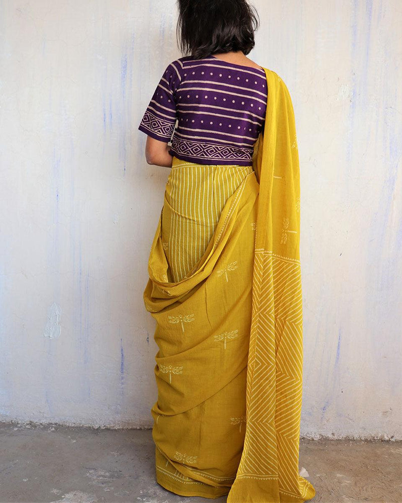 Buy Aponi Yellow Block printed Cotton Saree | Cotton Saree Online