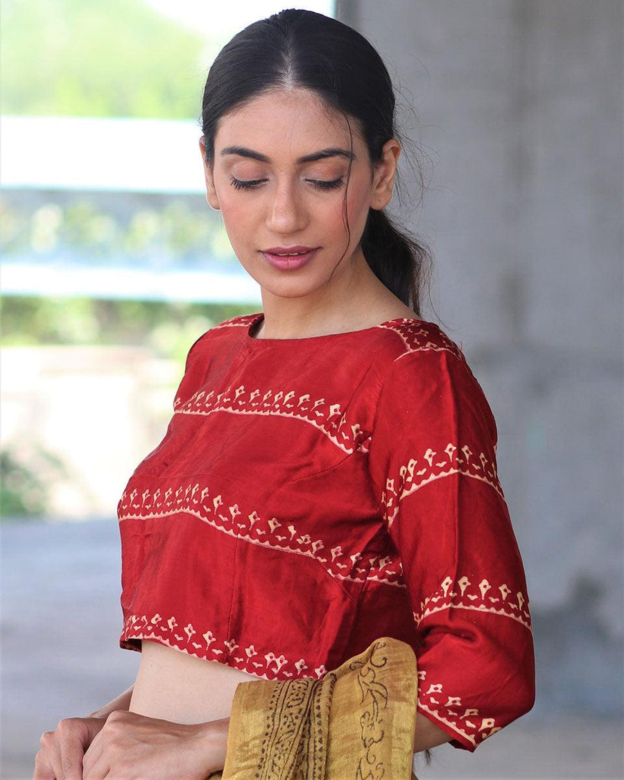 Buy Red Blockprinted Blouse | Silk Blouse