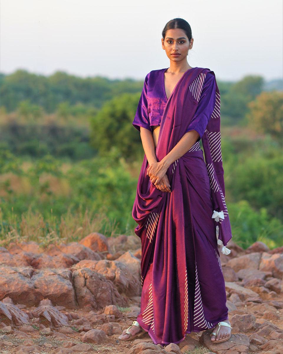 Purple BlockPrinted Modal Silk Saree - Rang | Chidiyaa – Chidiyaa