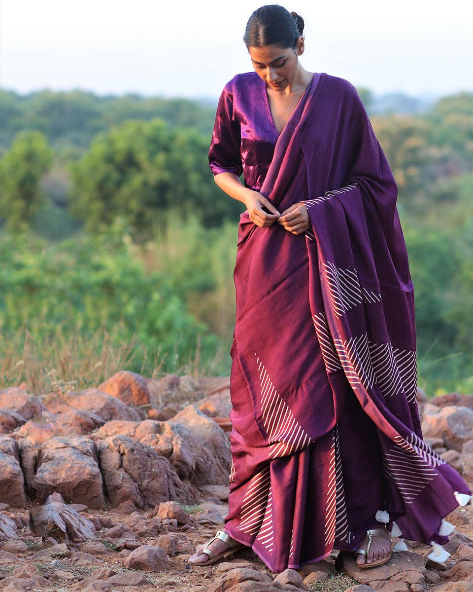Purple BlockPrinted Modal Silk Saree - Rang | Chidiyaa – Chidiyaa